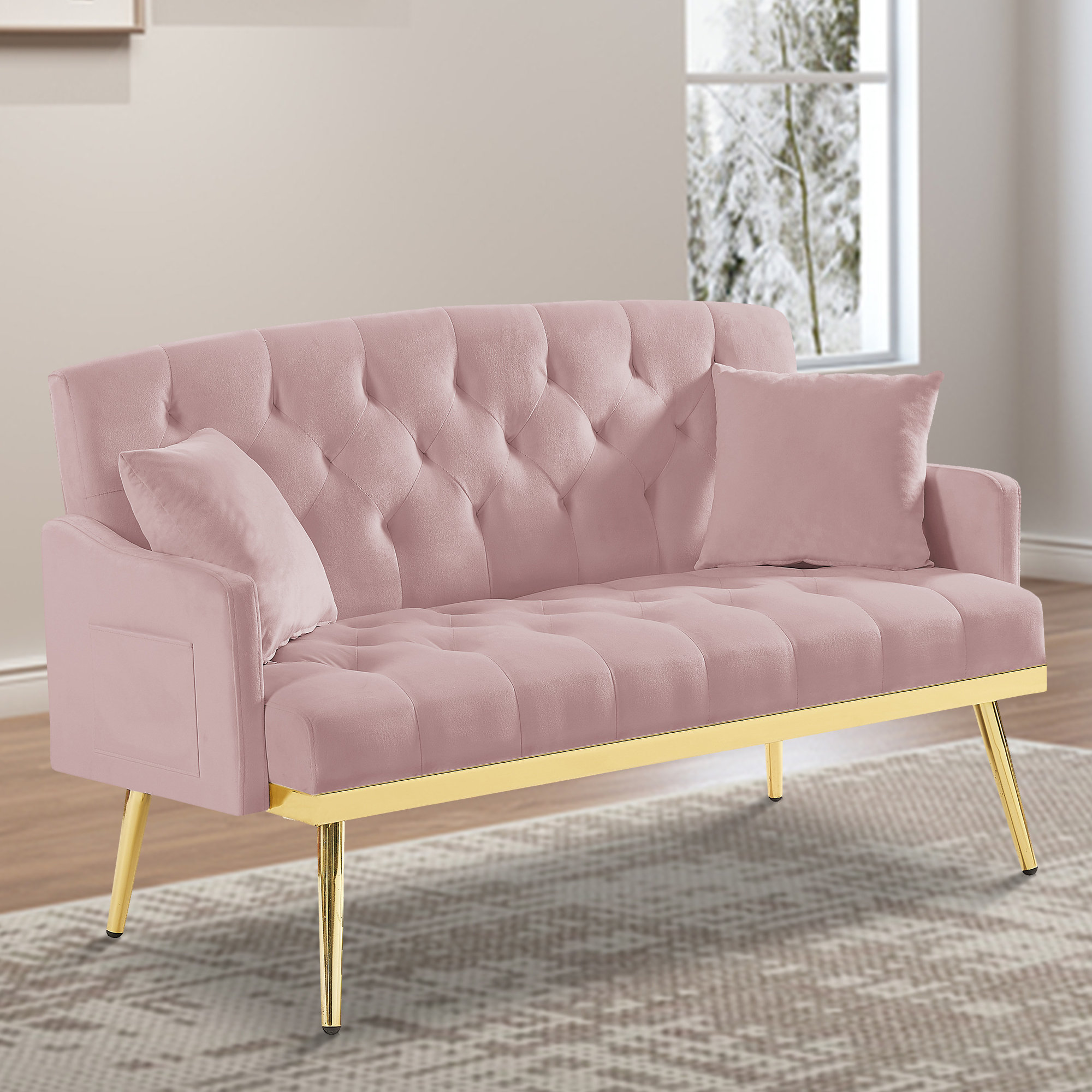 Mercer41 Nykeem 55.52" velvet Upholstered Loveseat With metal legs and two pillows, for various ...